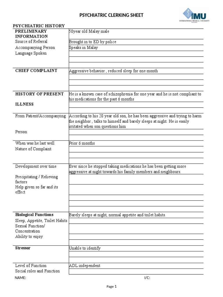Clerking Sheet 3 | Download Free PDF | Behavioural Sciences | Mental Health