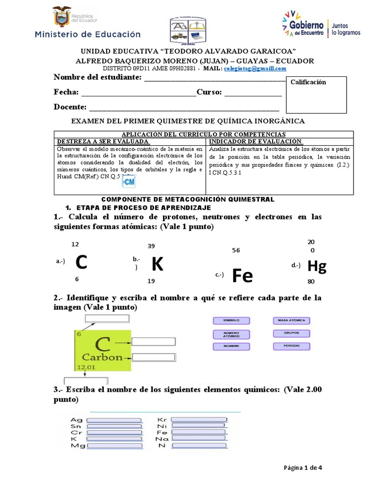 1 BGU Examen 1 Quim Química Inorganica - Metacog | PDF | Química | Orbital atómico