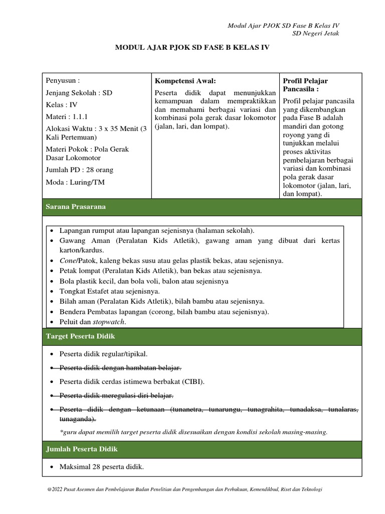 Modul Ajar PJOK Kelas 4 - Materi 1.1.1 | PDF