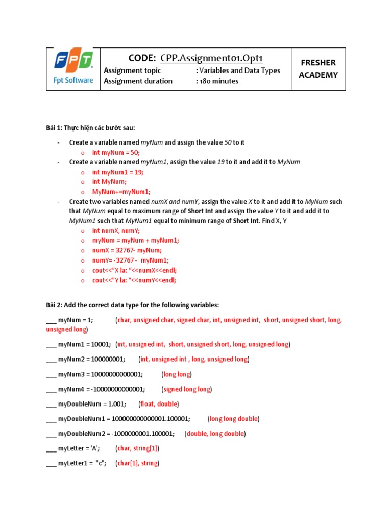 Assignment 1 - Op1 - Variables and Fundamental Data Types | PDF