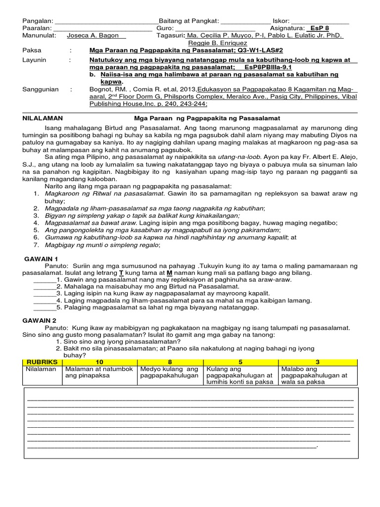 Esp8 Quarter 3 Week 1 Las 2 | PDF