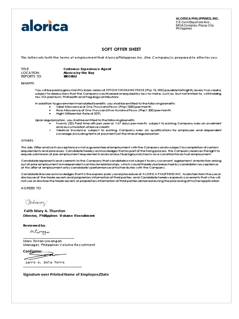 TMOBILE - Soft Offer Sheet (Signed) | PDF | Employment | Insurance