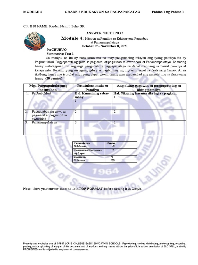 EsP 8 (Modyul 4) - Pangwakas Na Pagtataya | PDF