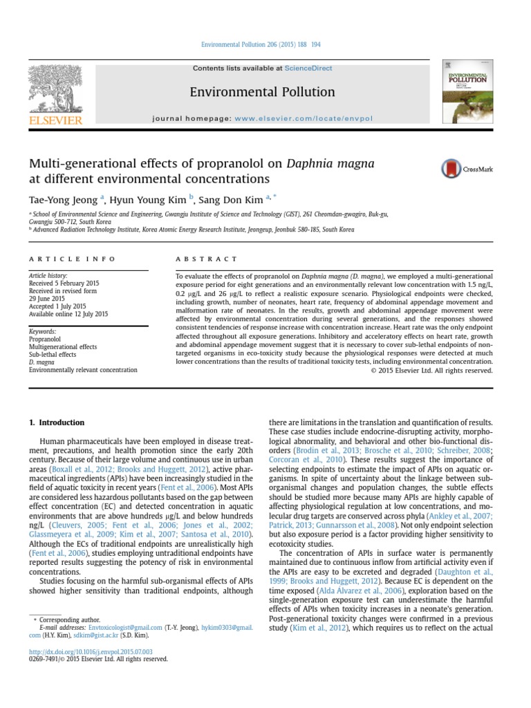 Multi-Generational Effects of Propranolol On Daphnia Magna at Different Environmental ...