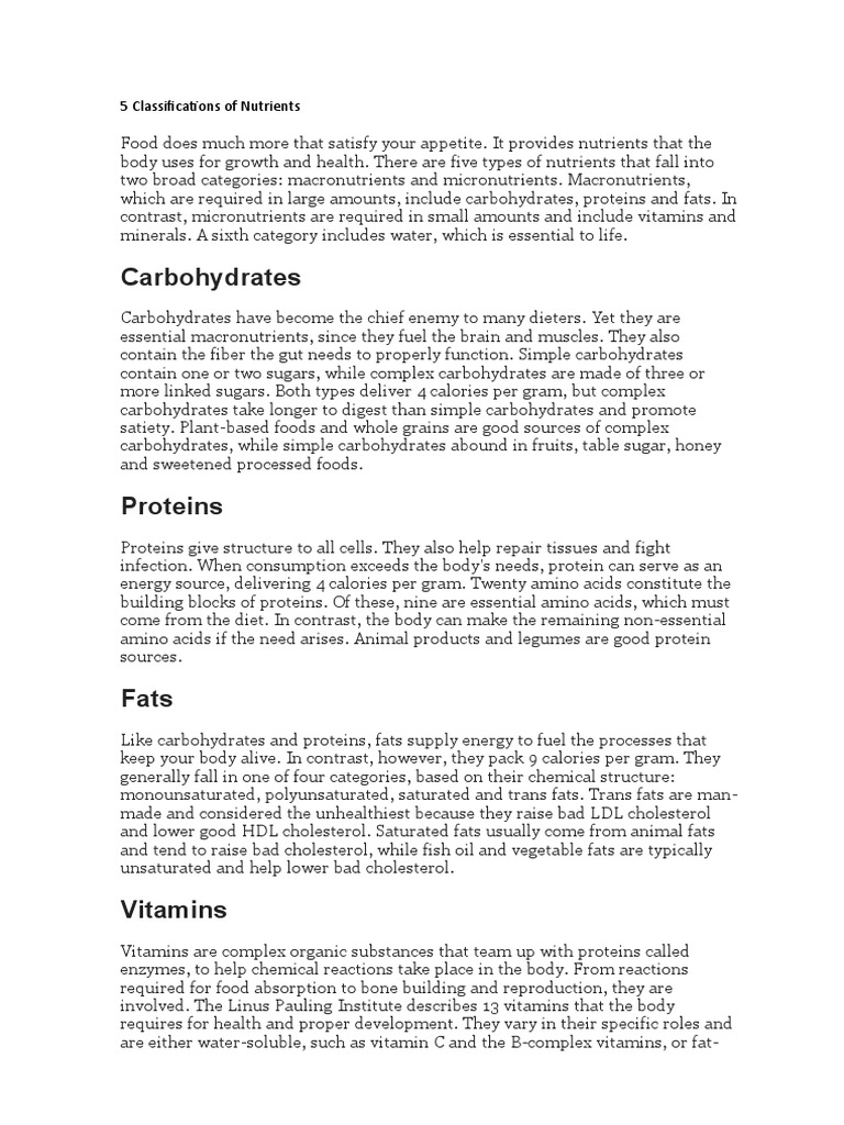 5 Classifications of Nutrients | PDF | Nutrients | Fat