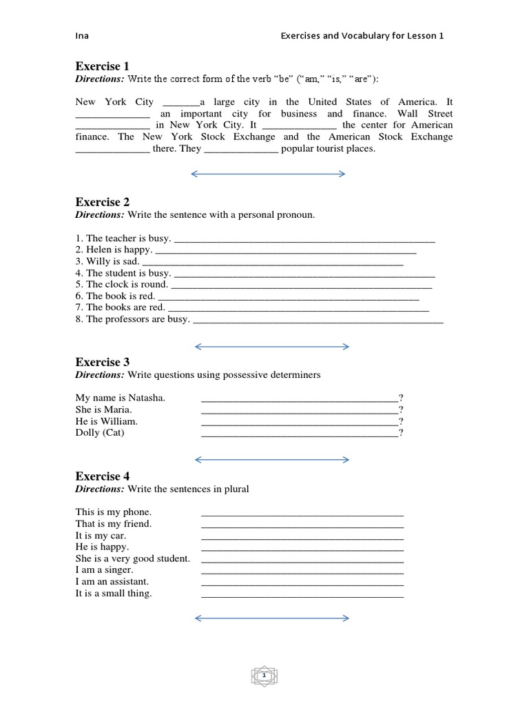 Ina's Lesson 1 Exercises and Vocabulary | PDF | Grammar | Linguistics