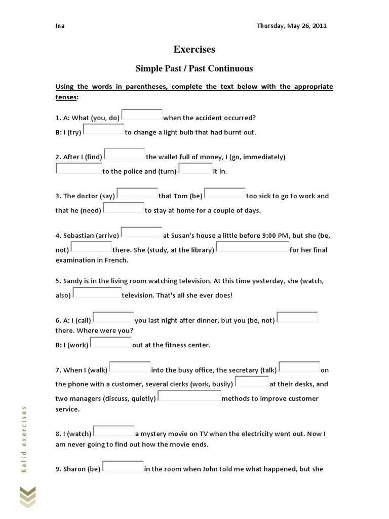 Exercises Simple Past and Past Continuous | PDF