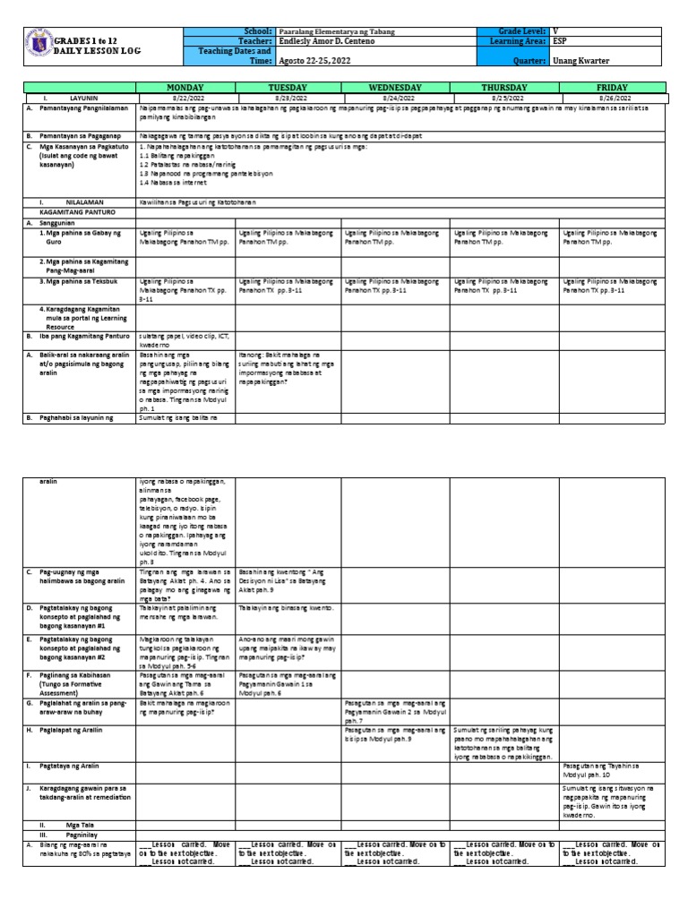 DLL - Esp 5 - Q1 - W1 | PDF