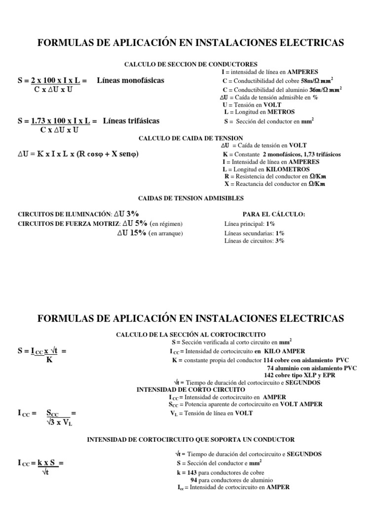 Formulas de Aplicación en Instalaciones Electricas | PDF | Corriente ...