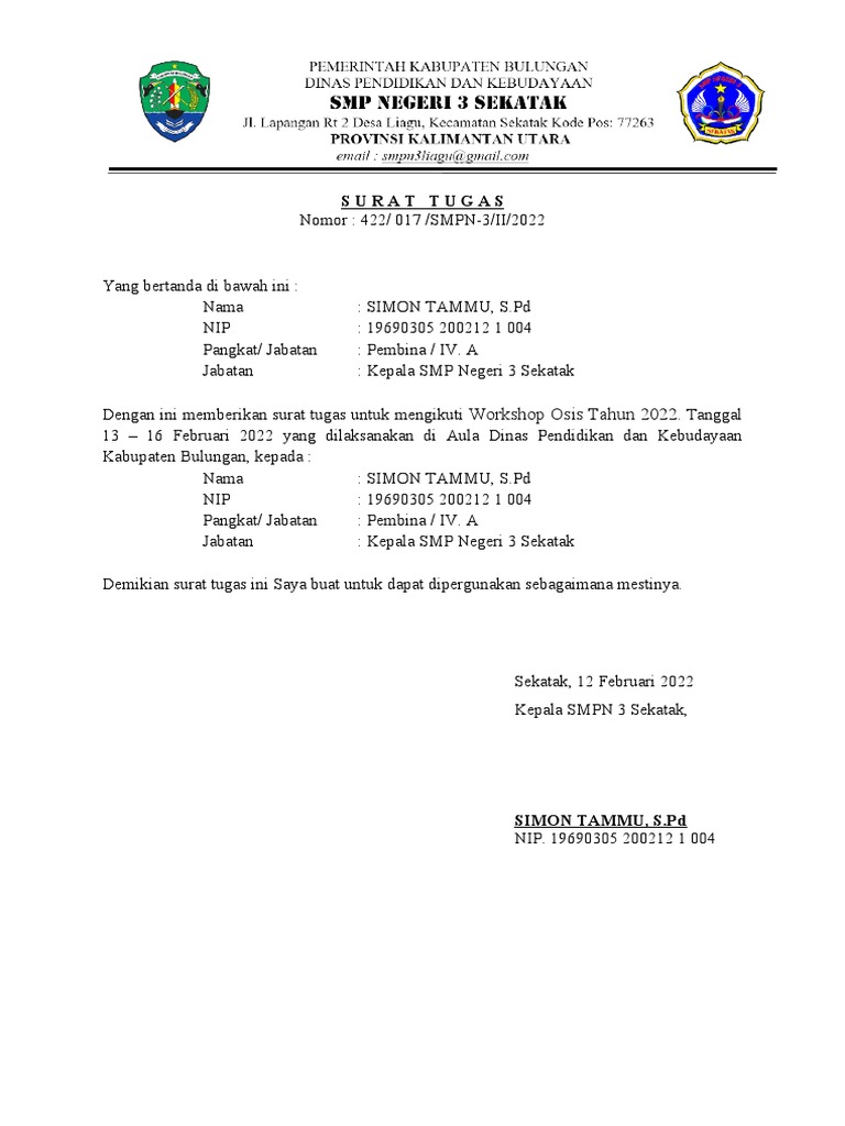 Surat Tugas Mengantar SPJ Dana Bosda 2021 | PDF