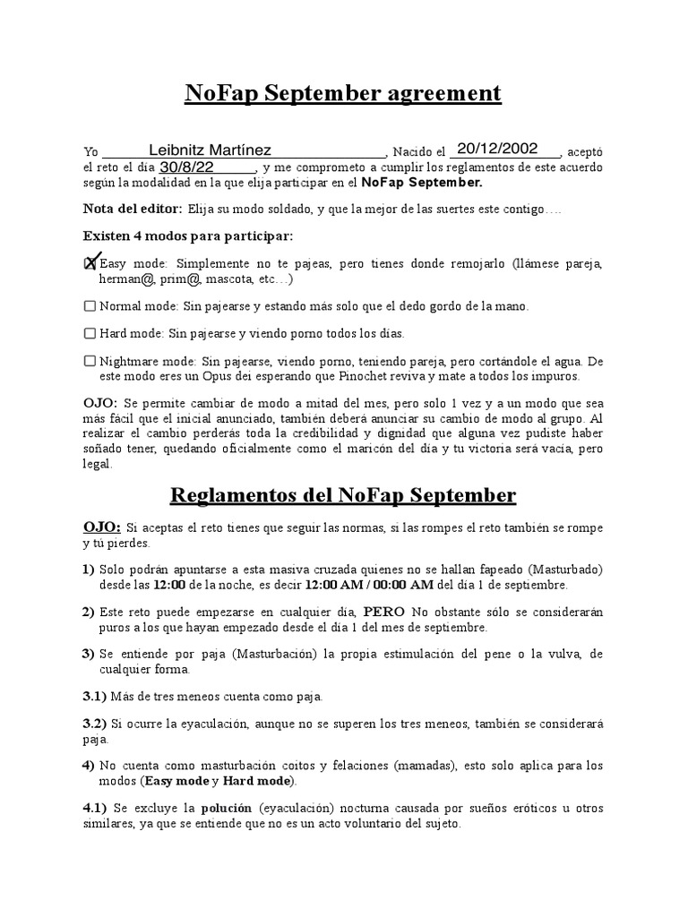 NoFap September Agreement | PDF | Masturbación