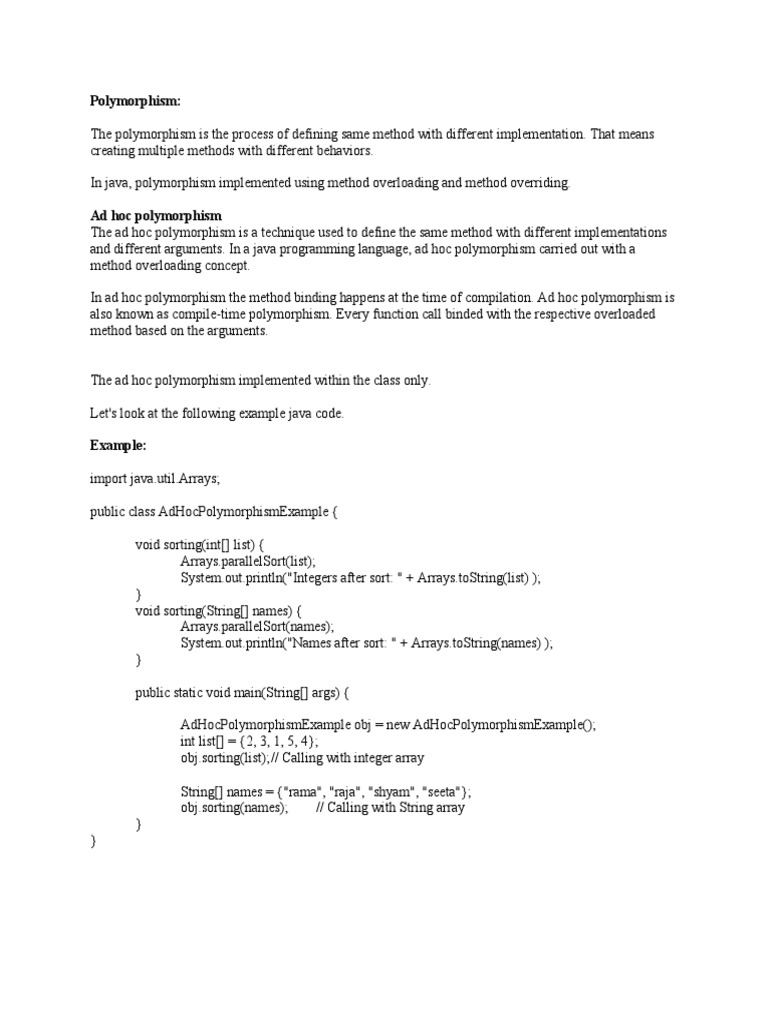Adhoc and Pure Polymorphism | PDF | Method (Computer Programming) | Inheritance (Object Oriented ...