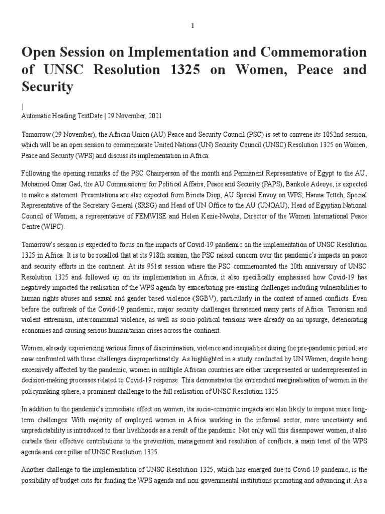 Open Session On Implementation and Commemoration of UNSC Resolution ...