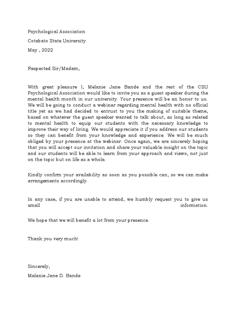 Invitation Letter To The Guest Speaker | PDF