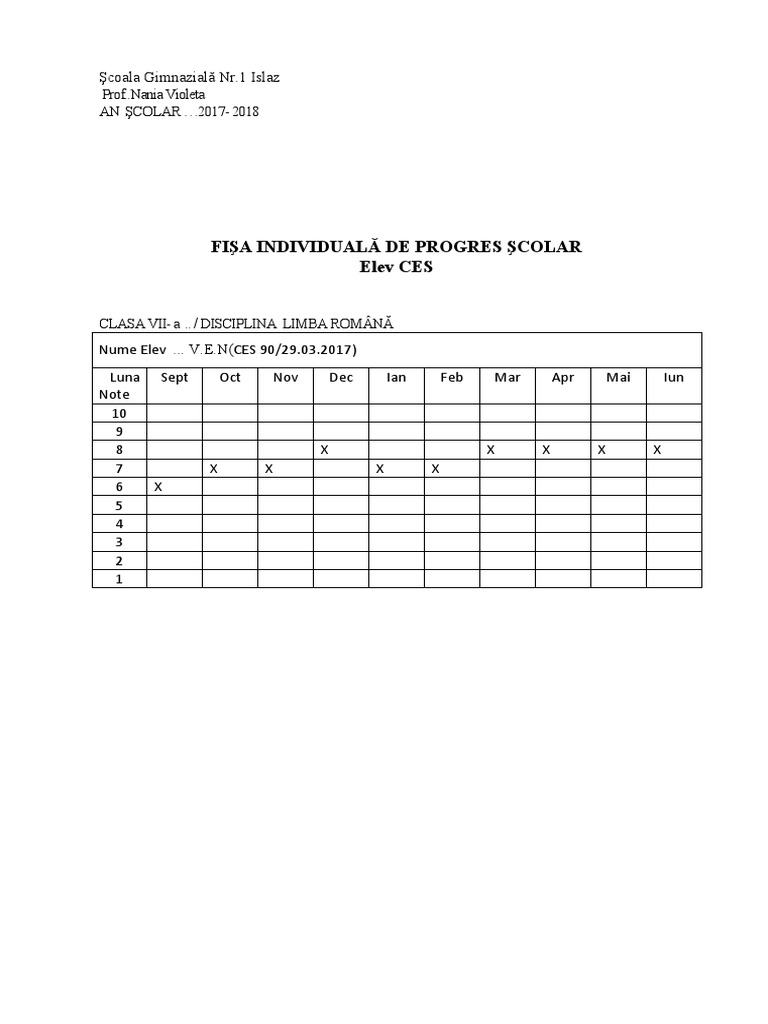 Fisa Progres Scolar 1 Individuala | PDF
