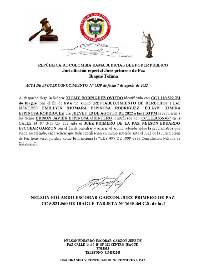 Acta de Avocar Conocimiento Ibagué | PDF