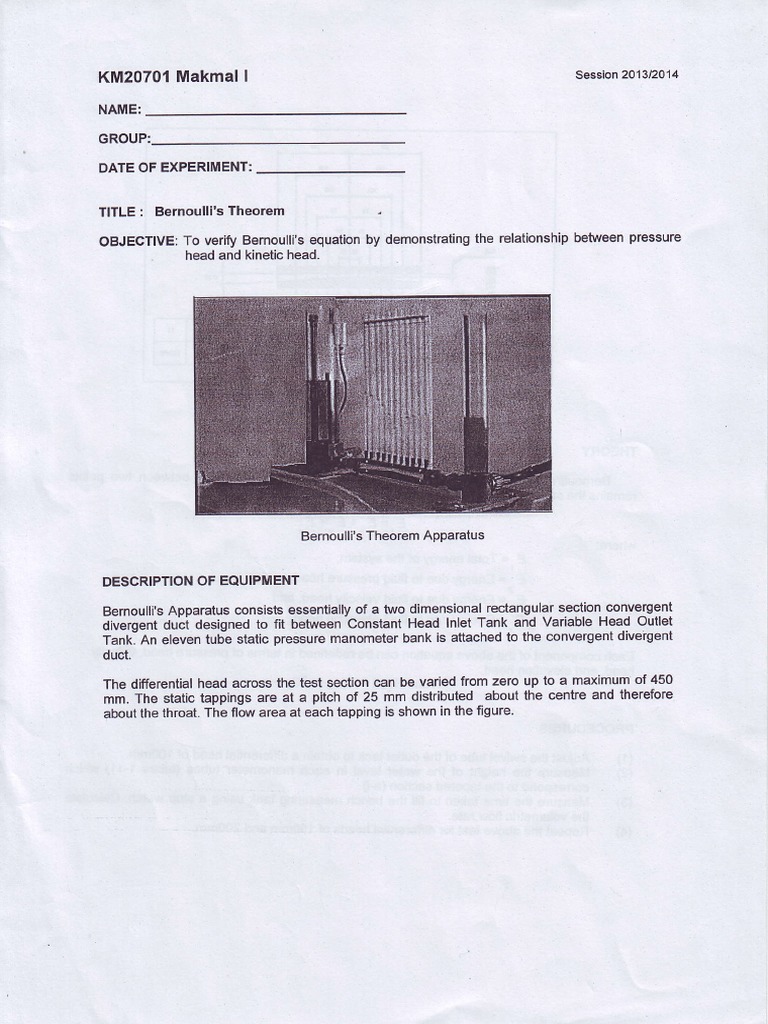 Fluid Lab 1 - Bernoullis Theorem | PDF | Dynamics (Mechanics) | Gas ...