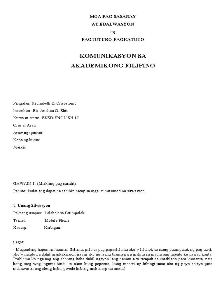 Mga Gawain Sa Pre-Lim Sa Komunikasyon Sa Akademikong Filipino (Crisostomo, Reynabeth E. | PDF