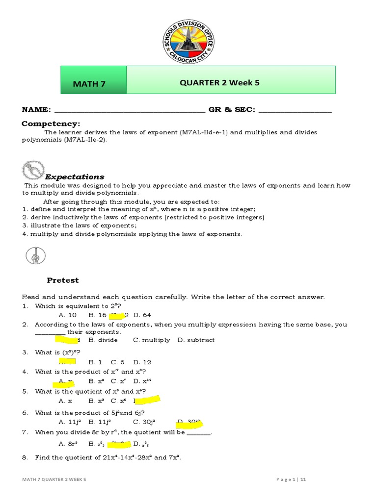 Math 7 QTR 2 Week 5 | PDF | Division (Mathematics) | Polynomial