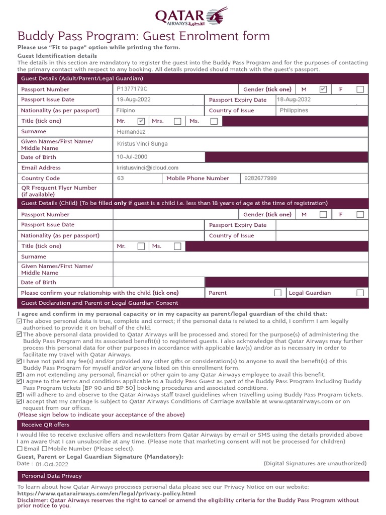 Qatar Airways Buddy Pass Enrolment Form | PDF | Privacy | Justice