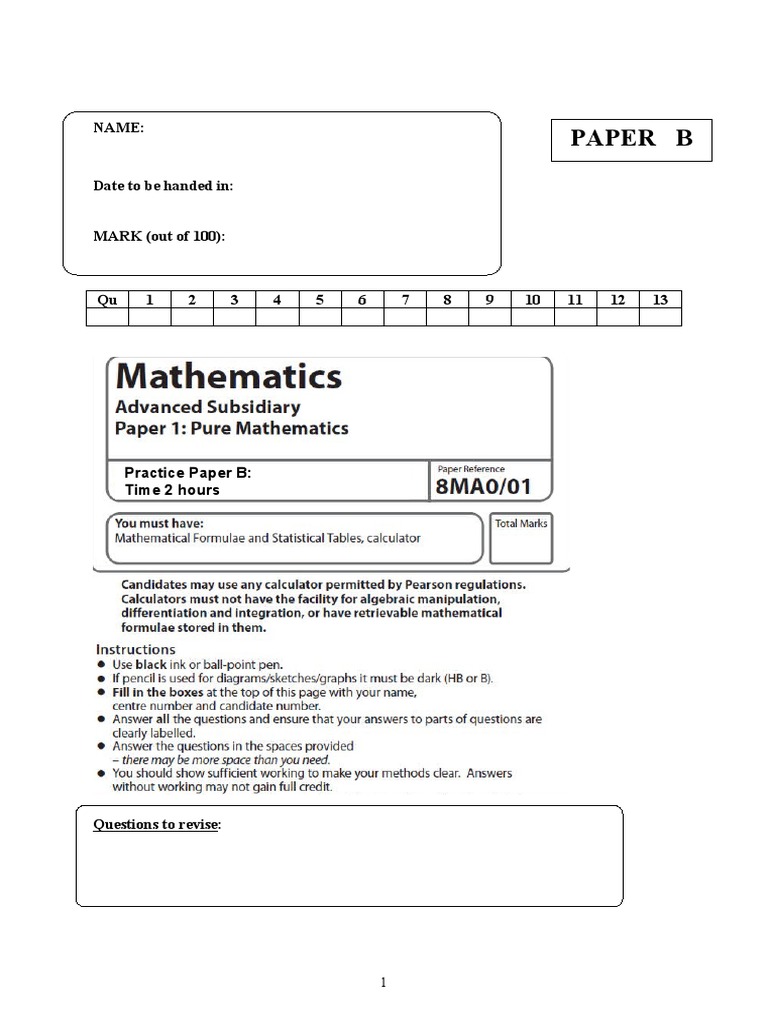 03 As Pure Mathematics Practice Paper B | PDF | Equations | Area