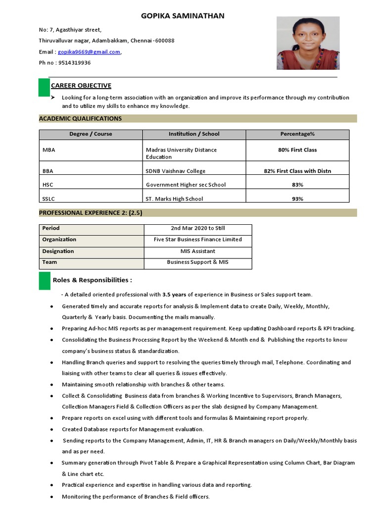 MIS Assistant Resume - Gopika S. | PDF | Microsoft Excel | Information Age