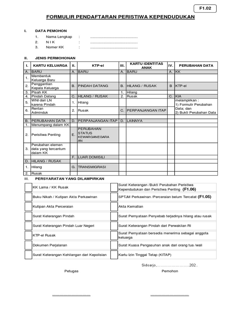 F1.02 Formulir Pendaftaran Peristiwa Kependudukan | PDF