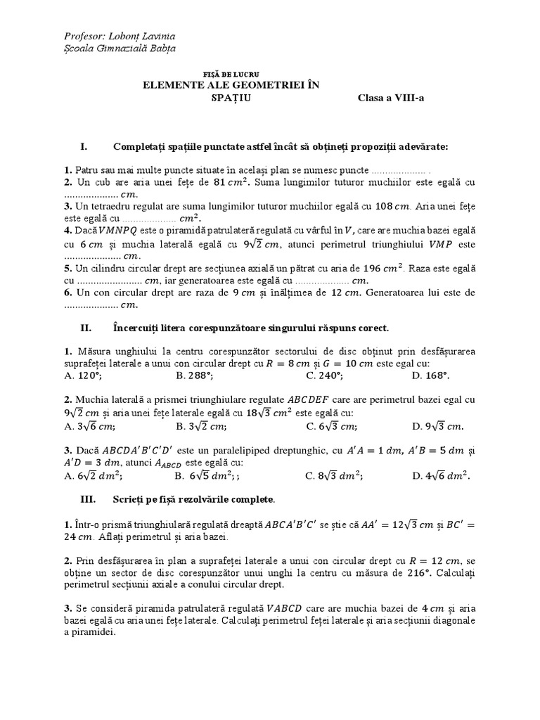 Elemente de Geometrie in Spatiu - Cls VIII - Fisa de Lucru | PDF