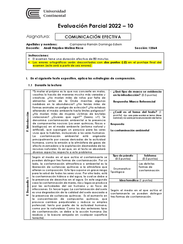Evaluación Parcial Comunicacion Efectiva | PDF | Contaminación | La contaminación del agua