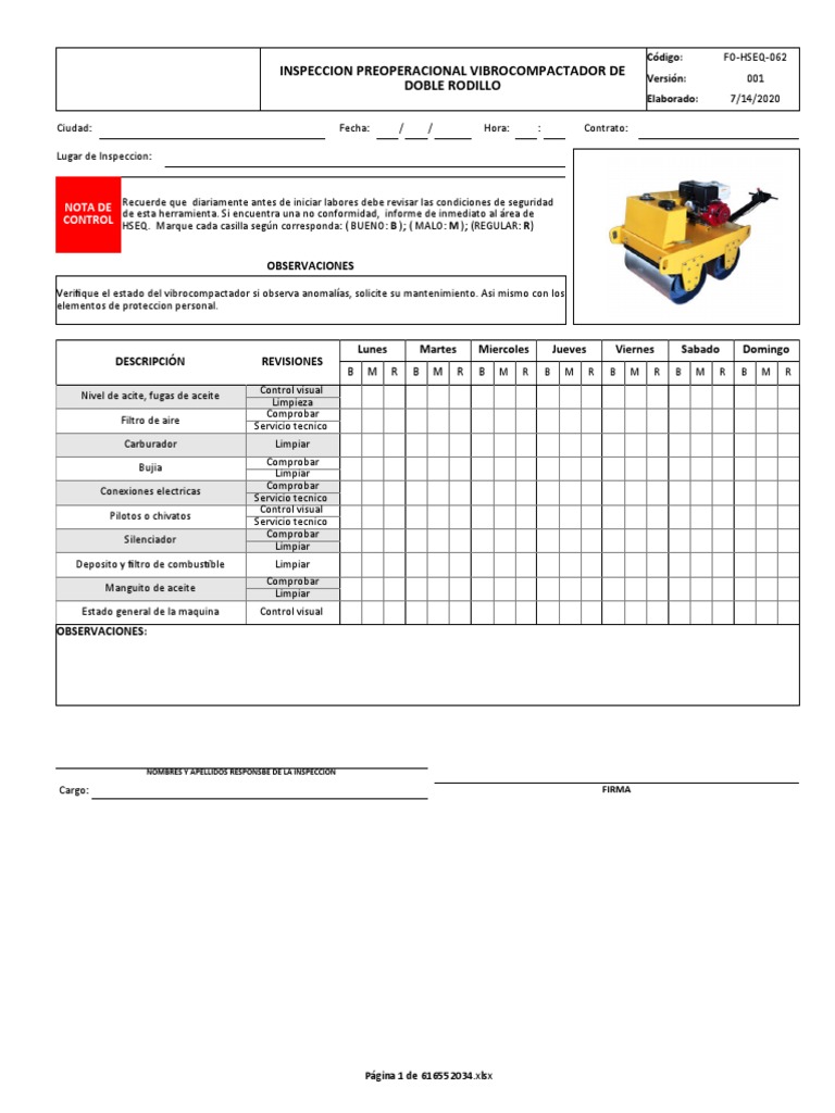 FO-HSEQ-062 Inspeccion Vibrocompactador de doble rodillo | PDF