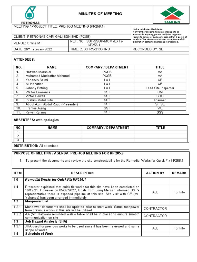 MOM Pre Job Meeting KP256.1 | PDF