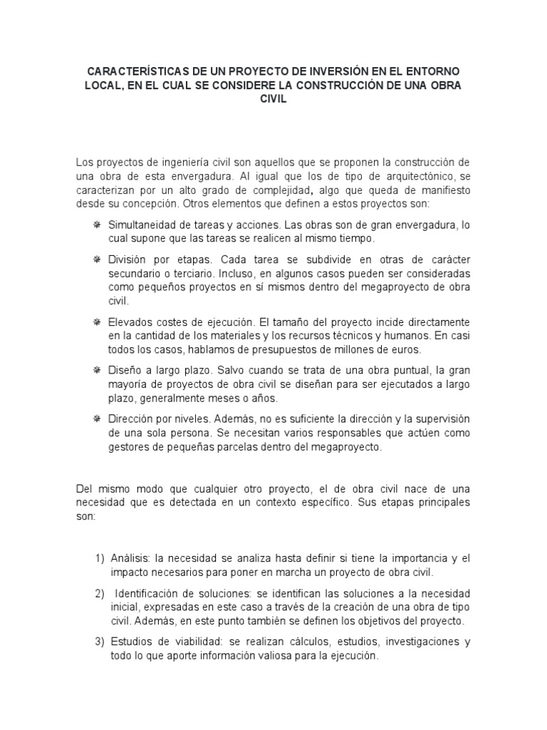 CARACTERÍSTICAS DE UN PROYECTO DE INVERSIÓN EN EL ENTORNO LOCAL | PDF ...
