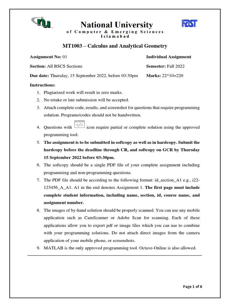 MT1003 BSCS F22 Assignment 1 | PDF | Function (Mathematics) | Mathematics