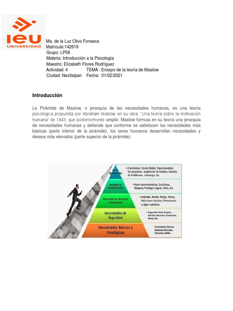 Ensayo de La Teoria Maslow | Descargar gratis PDF | Conceptos psicologicos | Ciencia cognitiva