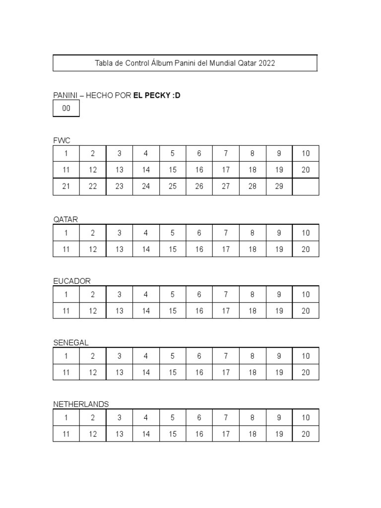 Tabla De Control Para Recopilar Las Figuritas Del álbum Panini Del