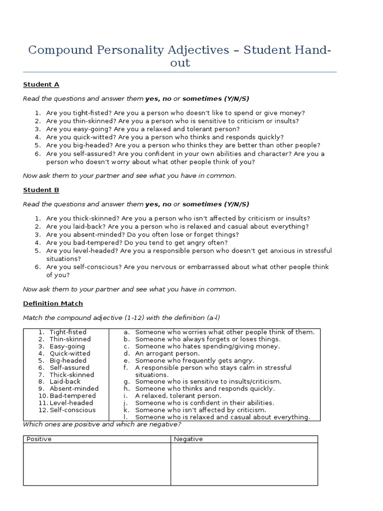Compound Personality Adjectives b2 | PDF