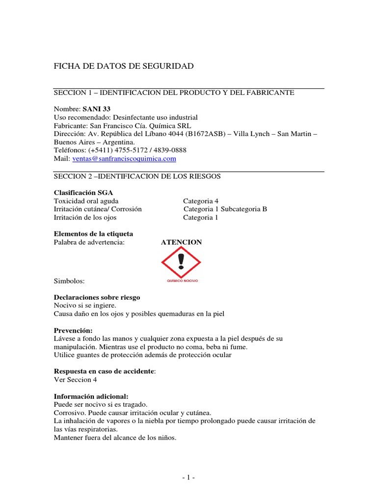Ficha de Seguridad Sani 33 | PDF | Agua | Toxicidad