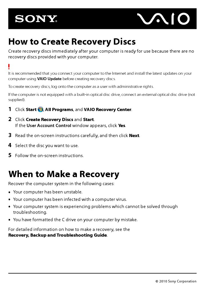 Create Recovery Discs for VAIO Computers | PDF | Areas Of Computer ...