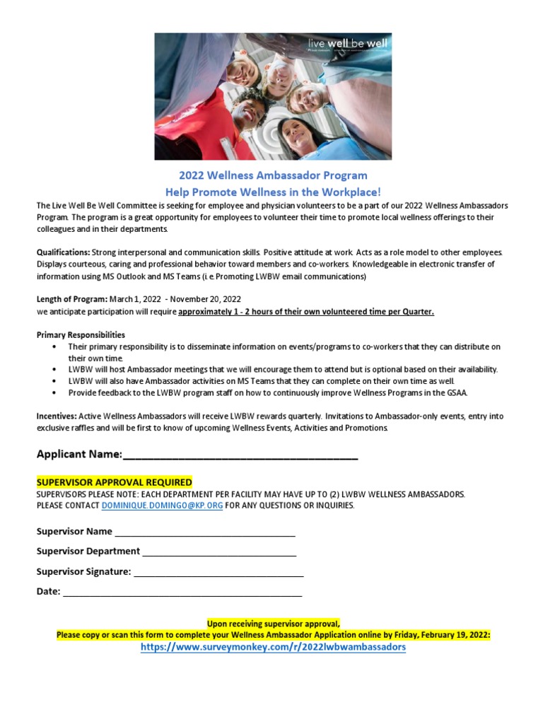 2022 Wellness Ambassador Program - Approval From Supervisor | PDF