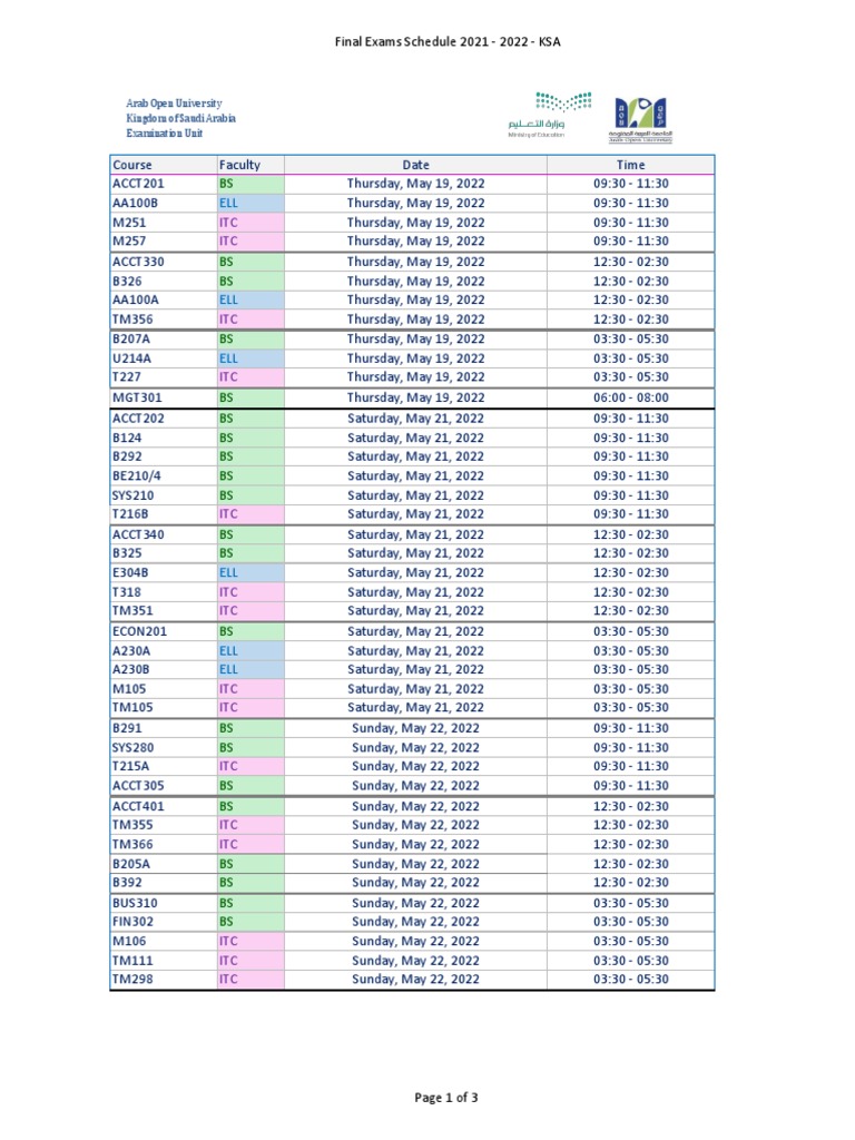 AOU Final Exams Schedule 2021-2022 | PDF