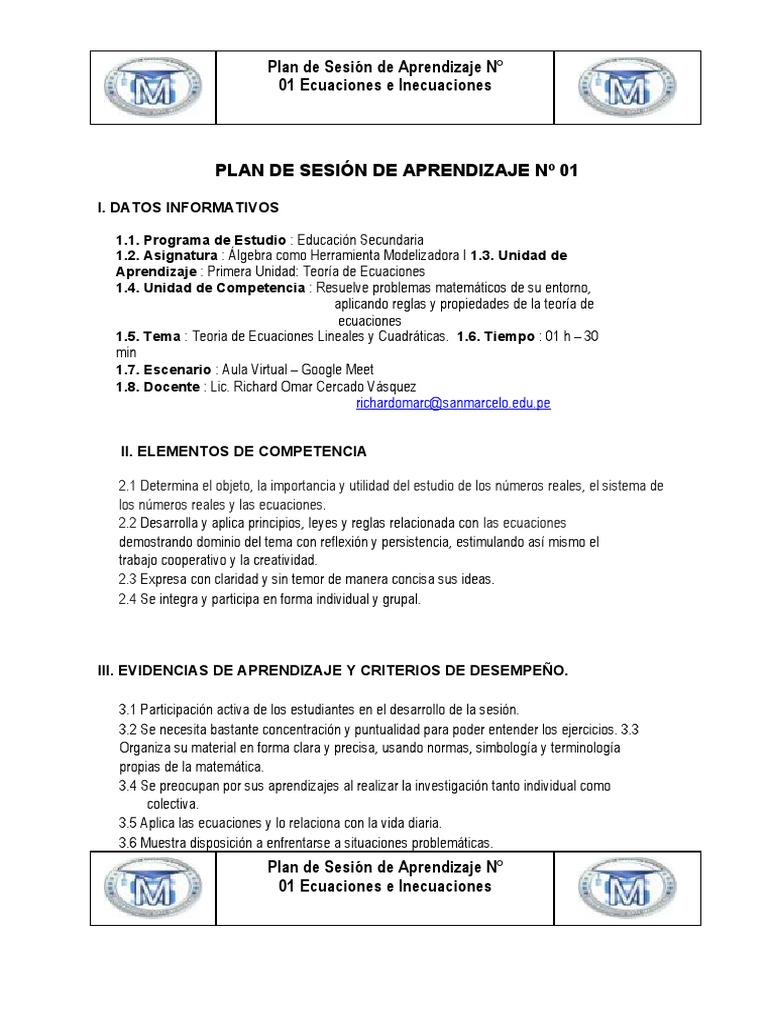 Plan de Sesion 01 - Álgebra | Descargar gratis PDF | Ecuaciones | Aprendizaje