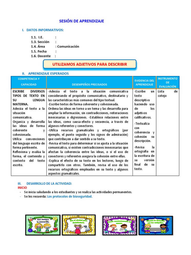 Sesión de Aprendizaje: Adjetivos Descriptivos | PDF | Evaluación ...