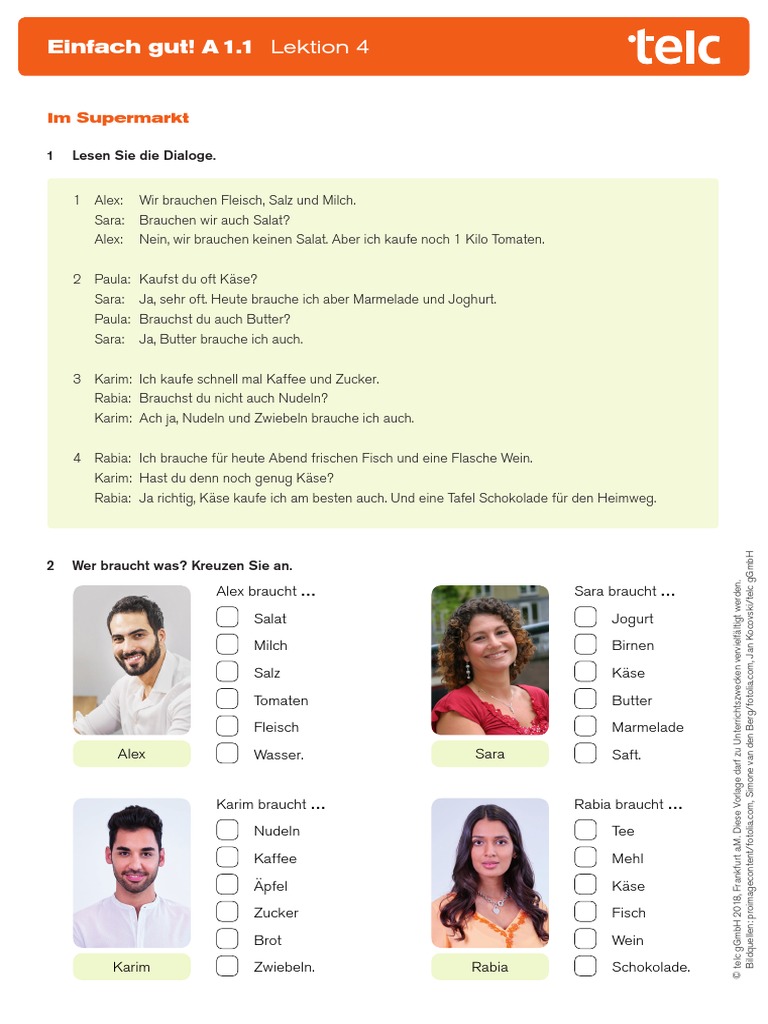 Lesetext Einfach Gut A1.1+Essen | PDF