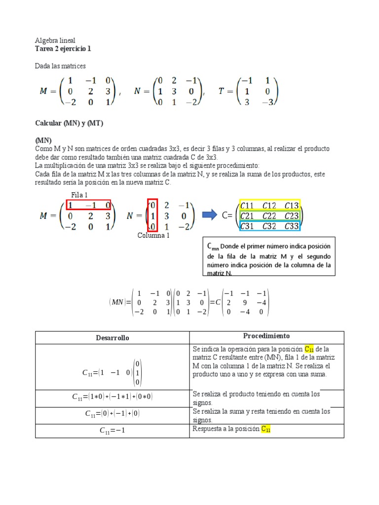 Procedimiento para calcular la multiplicación de matrices y obtener los resultados | PDF ...