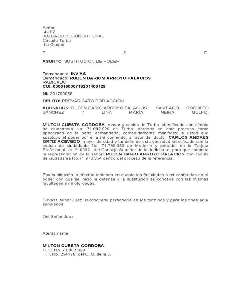 Sustitución de Poder Ruben Dario Arroyo Palacios | PDF | Derecho