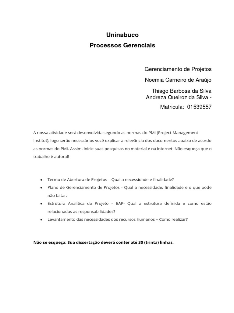 Gerenciamento de Projetos - Atividade Contextualizada | PDF | Gestão de ...