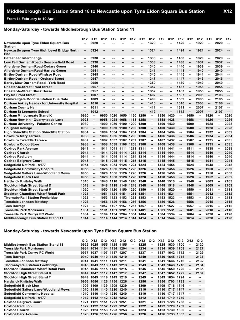X12 From Middlesbrough Bus Station Stand 18 To Newcastle Upon Tyne ...