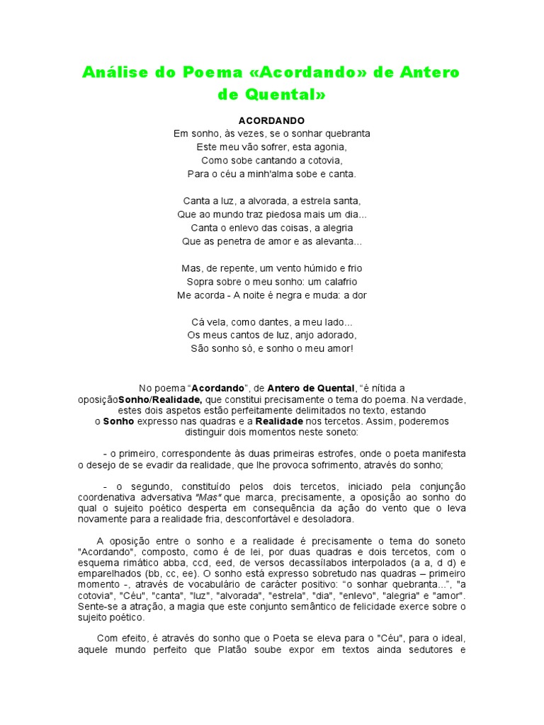 Análise Do Poema Acordando de Antero de Quental | PDF | Amor | Sonetos