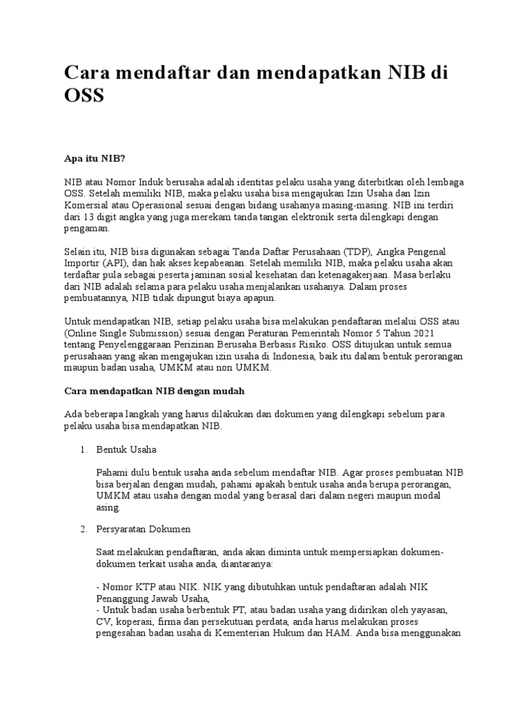 Cara Mendaftar Dan Mendapatkan NIB Di OSS | PDF