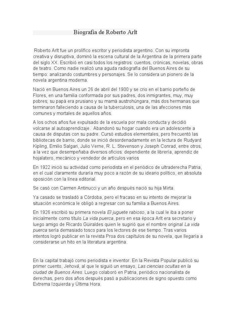Biografía de Roberto Arlt: Vida y Obra | PDF